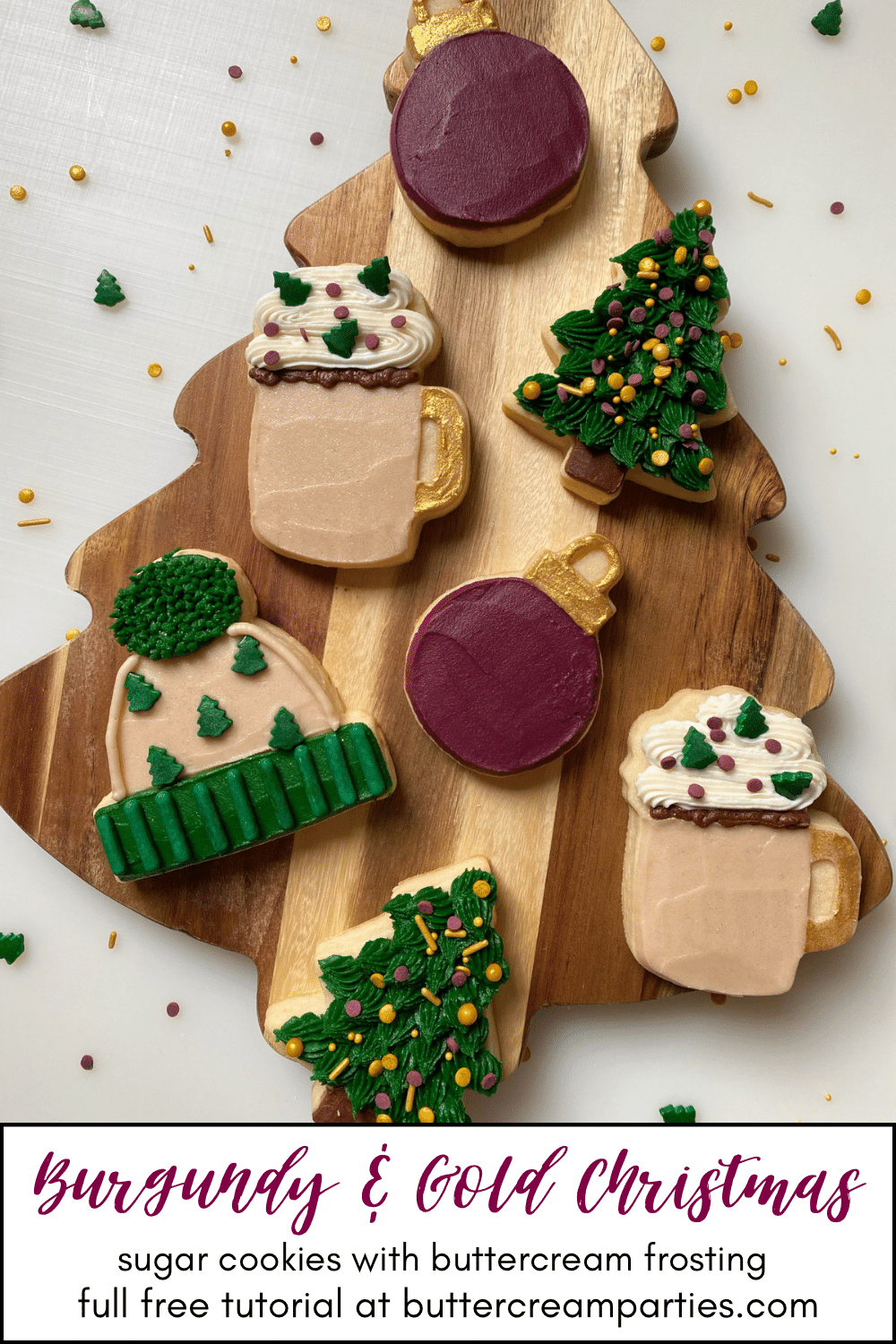 Dazzling Burgundy & Gold Christmas Sugar Cookies with Foliay Sprinkles